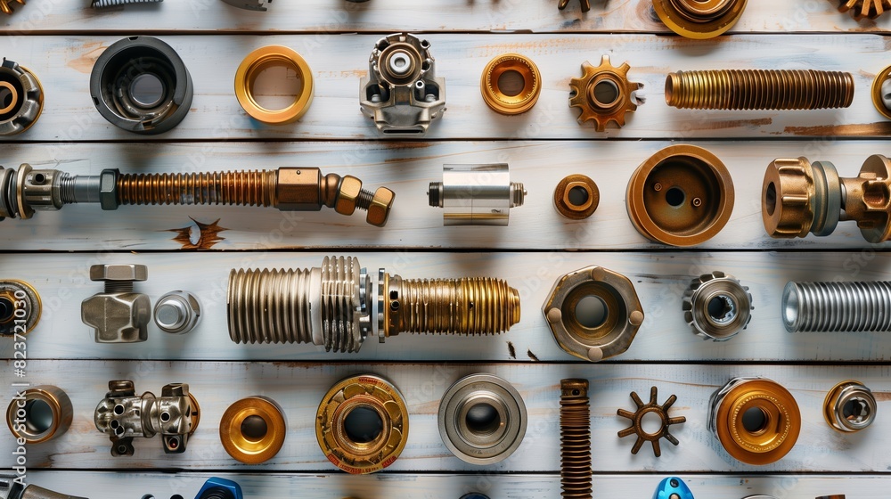 Various metal parts of different shapes, sizes, and textures are ...