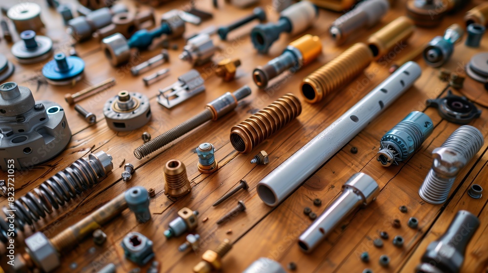 Various metal parts of different shapes, sizes, and textures are ...