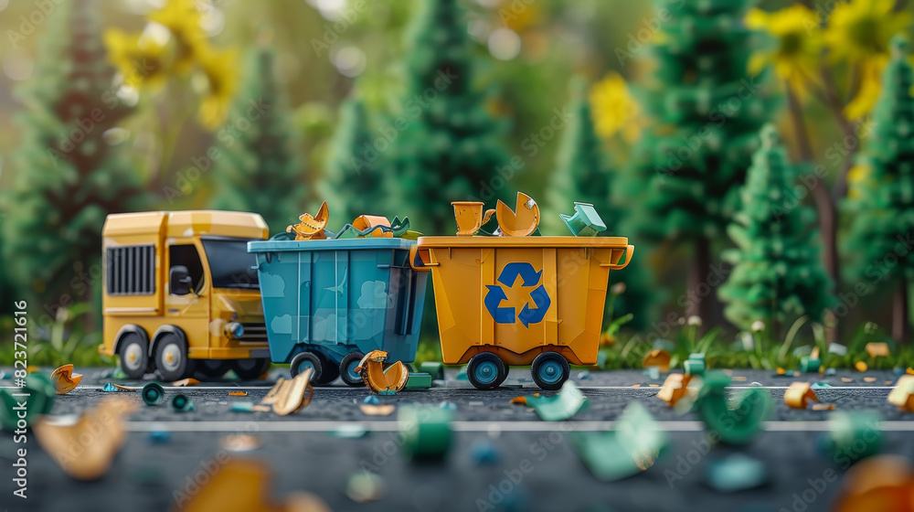 Colorful toy garbage truck and waste bins on the road in a miniature ...