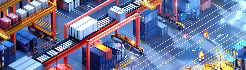 Shipping and Logistics Floor: Displaying shipping containers, conveyor ...