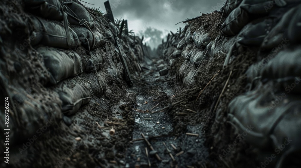 World War I trench scene on Memorial Day, solemn tribute, close up ...