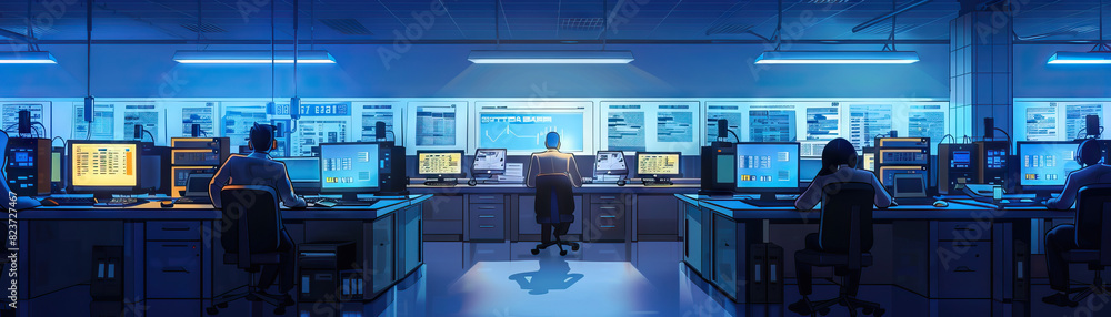 Tech Support Center Floor: Showing helpdesk stations, computer screens ...