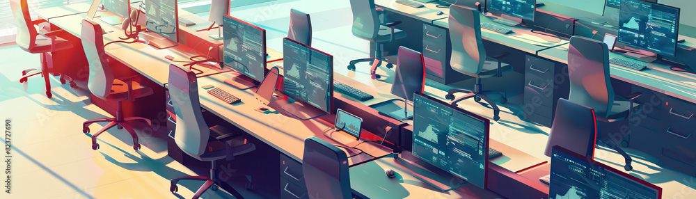 Tech Support Center Floor: Showing helpdesk stations, computer screens ...