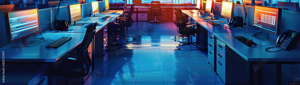 Tech Support Center Floor: Showing helpdesk stations, computer screens ...