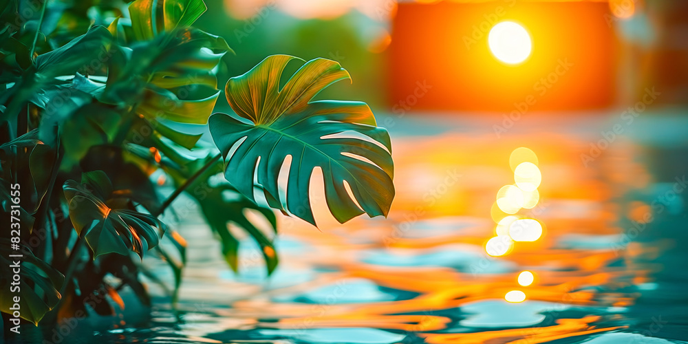 Monstera leaves bathed in vibrant sunlight reflected on rippling water ...