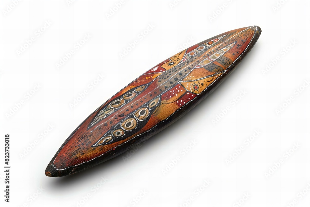 Depicting a boomerang with aboriginal art on it, isolated against a ...