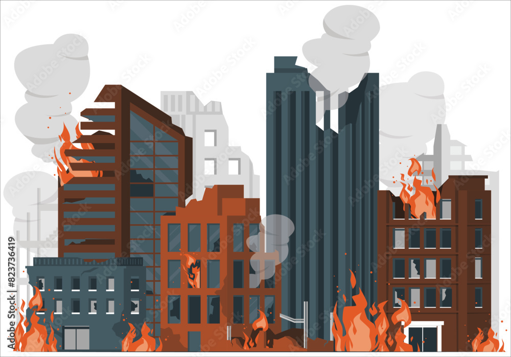 City in fire, war destroy, abandoned burning broken buildings with ...