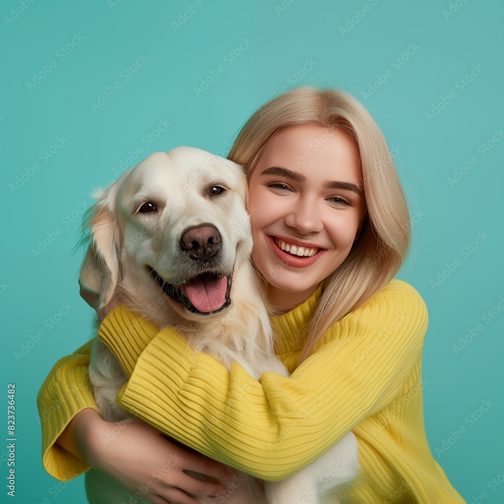 Golden retriever love concept. A beautiful young blond girl in a hug ...