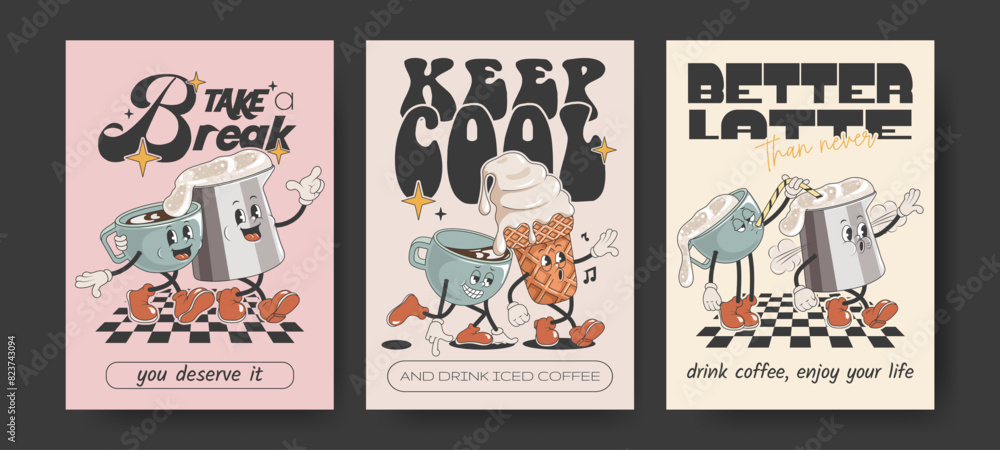 Set of Retro posters with mascot cups of hot drink, cappuccino, latte ...