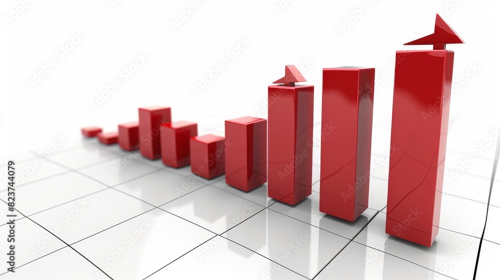 Isolated 3D graph showing upward movement to the right, white ...