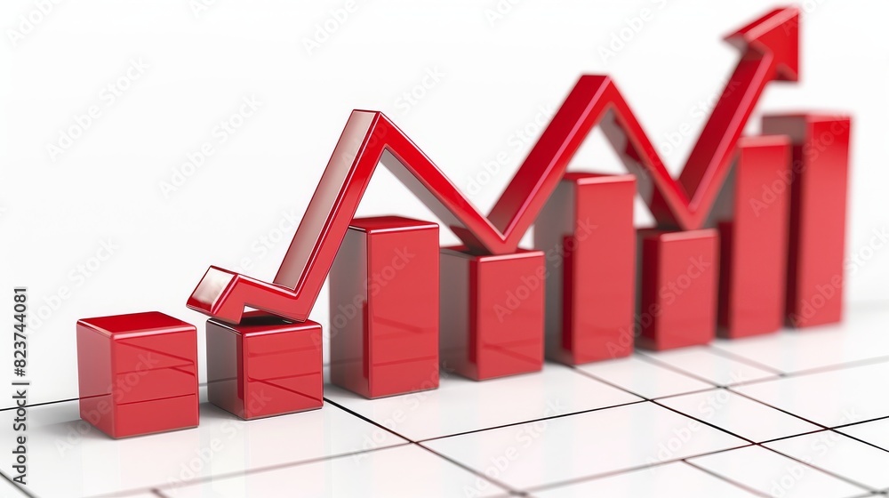 Bar graph with descending heights and a downward arrow, isolated, white ...