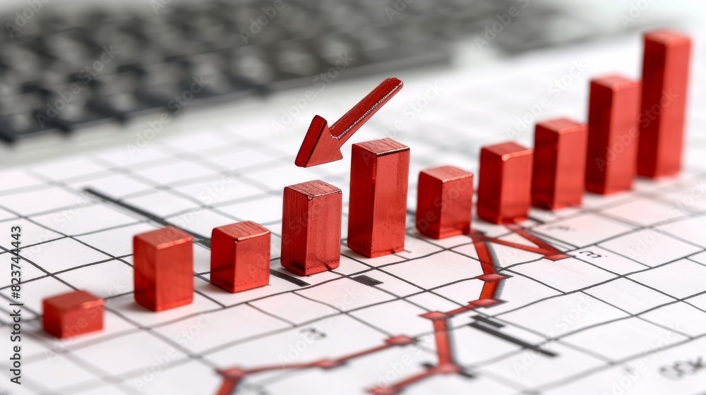 Bar graph with each bar diminishing in height and a downward arrow ...