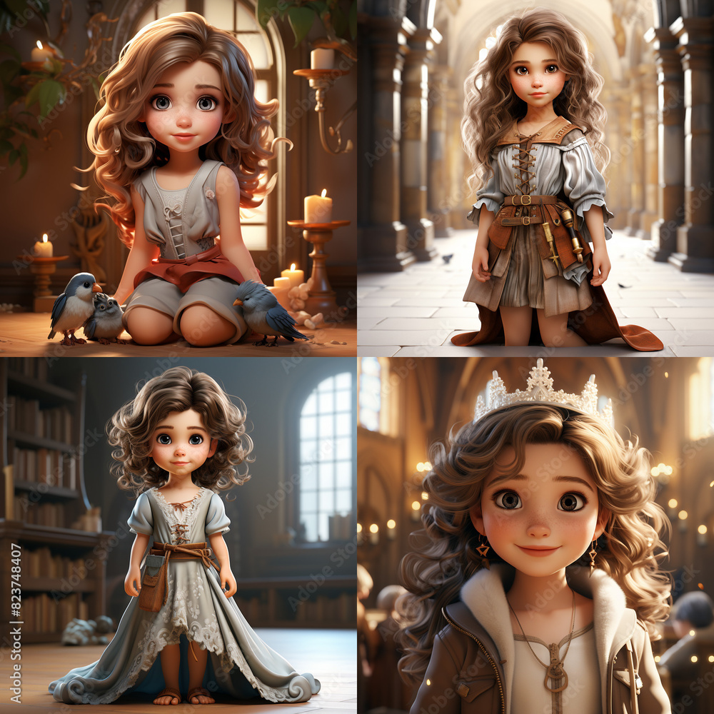 collection 3D model of animated girl in cartoon style illustration ...
