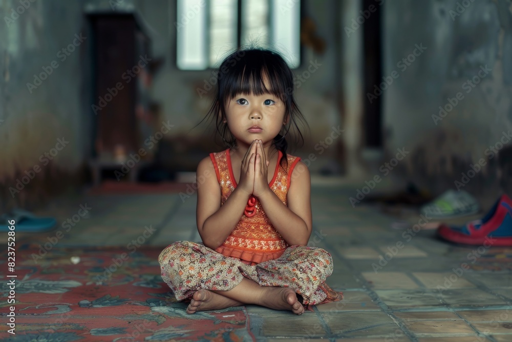 Young asian girl sitting on floor at home, kid begging and praying with ...
