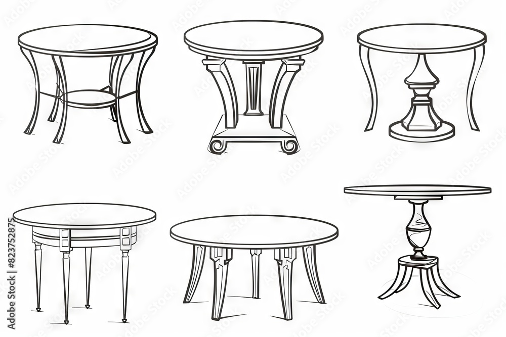 Tables sketched set, different line drawing desks, square and round ...
