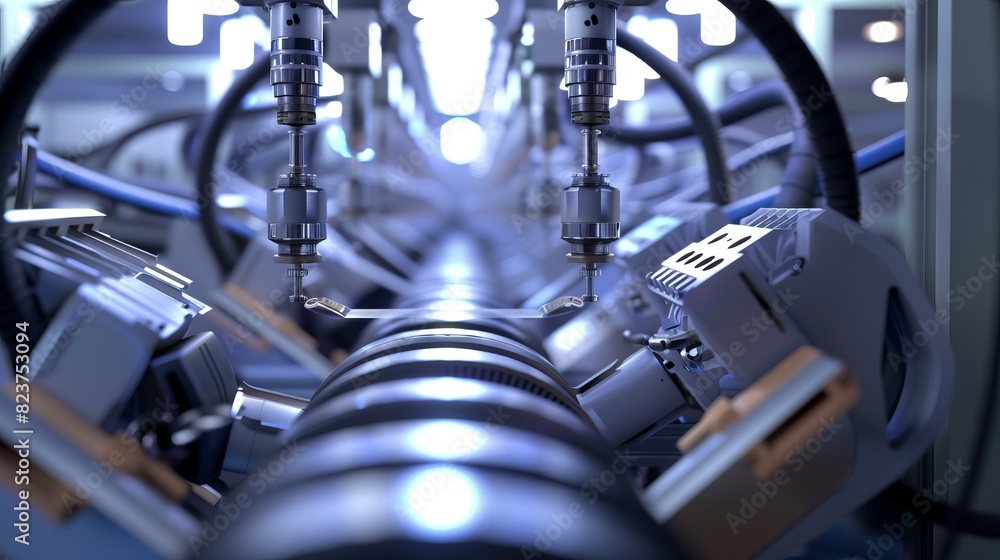 Robotic arms handling coldrolled coils in a factory, front view ...