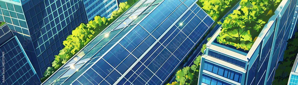 Solar Panel Arrays: Close-up of solar panel arrays, green roofs, and ...