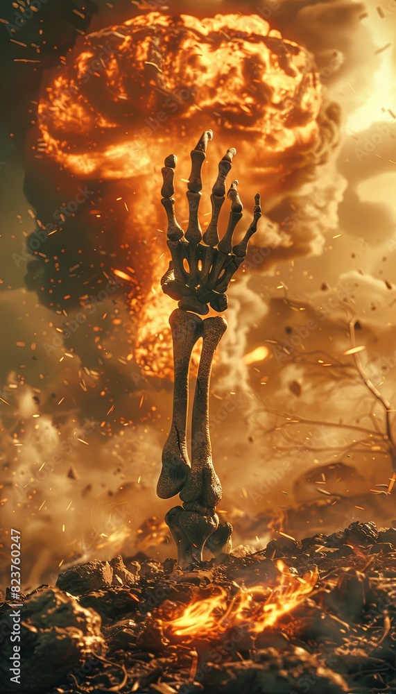 Atomic war with a nuclear bomb, a skeleton's hand on fire on the ground ...