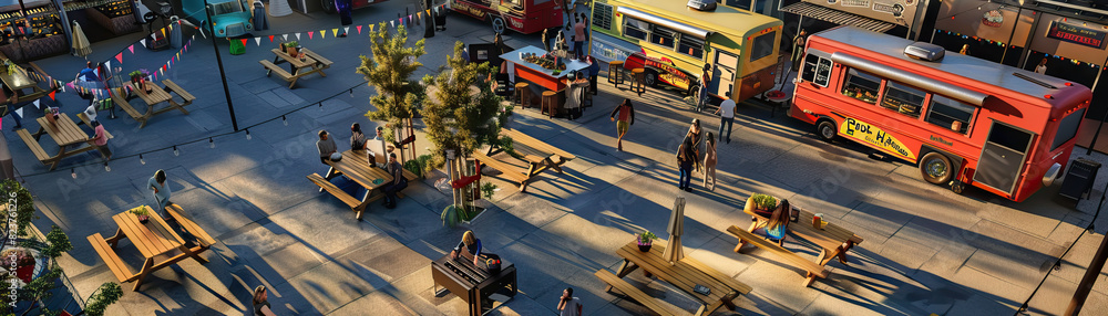 Food Truck Park: Close-up of food trucks, picnic tables, and outdoor ...