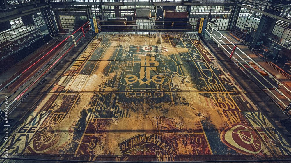 A dynamic view of a boxing ring's mat displaying the faded logos and ...