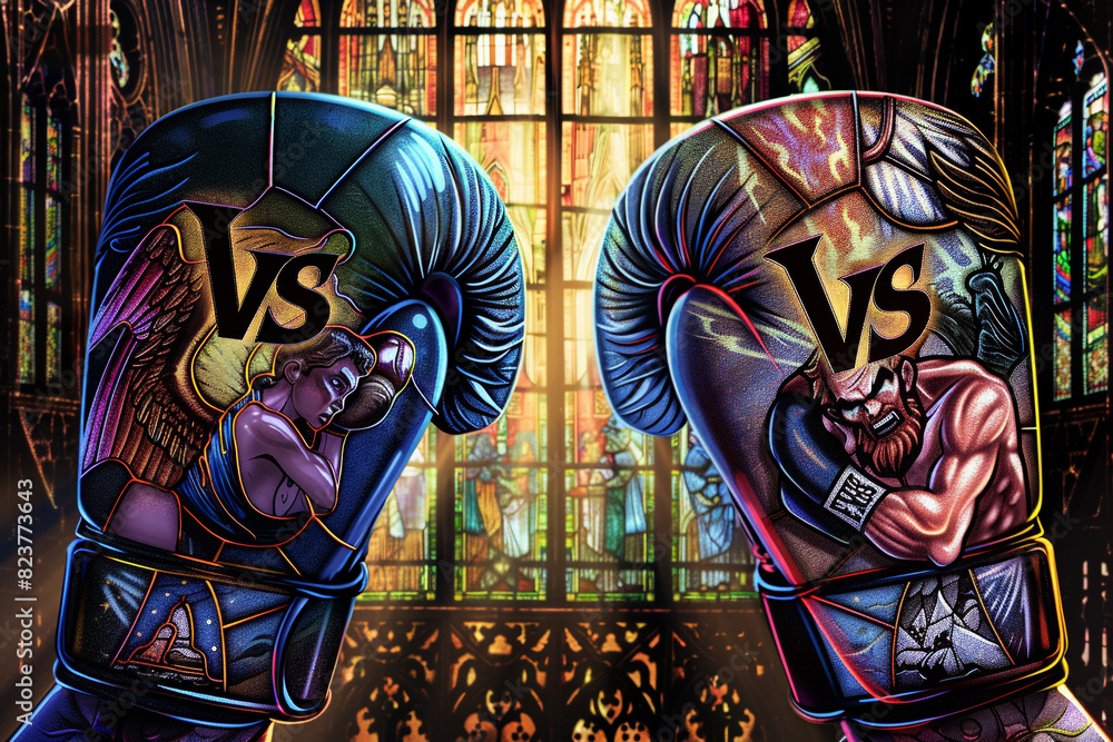 Boxing gloves with a stained glass effect, one depicting an angel and ...