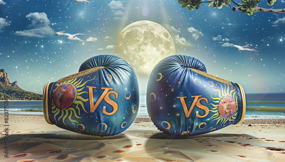 Boxing gloves with a sun pattern and moon craters design, with "VS ...