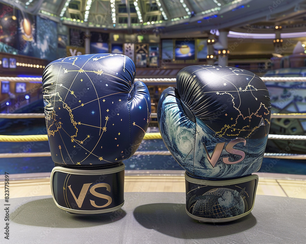 Boxing gloves with a star map and ocean map design, with "VS" letters ...