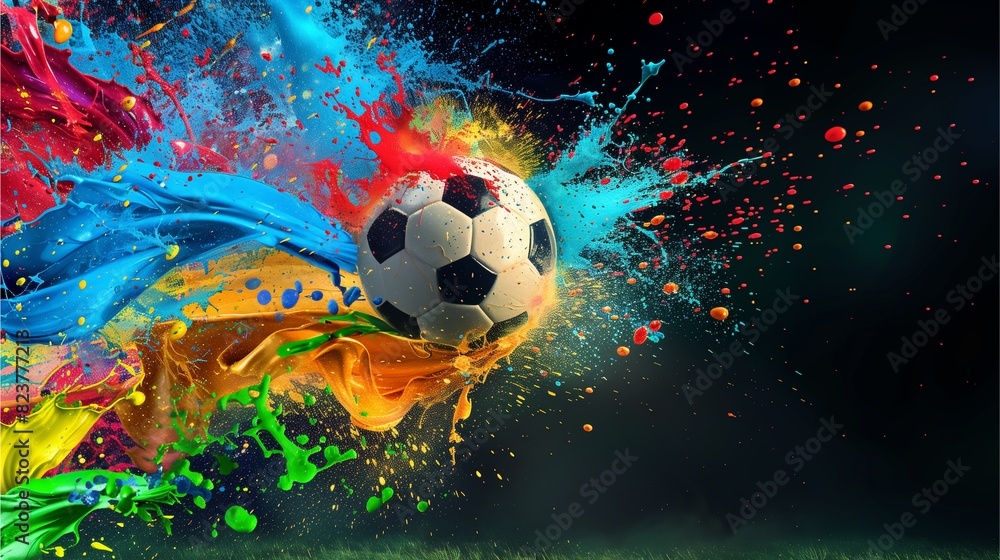 Colorful paint explosion with a soccer ball on a black background. A ...