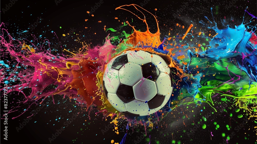 A soccer ball with colorful paint splashes flying around, creating an ...