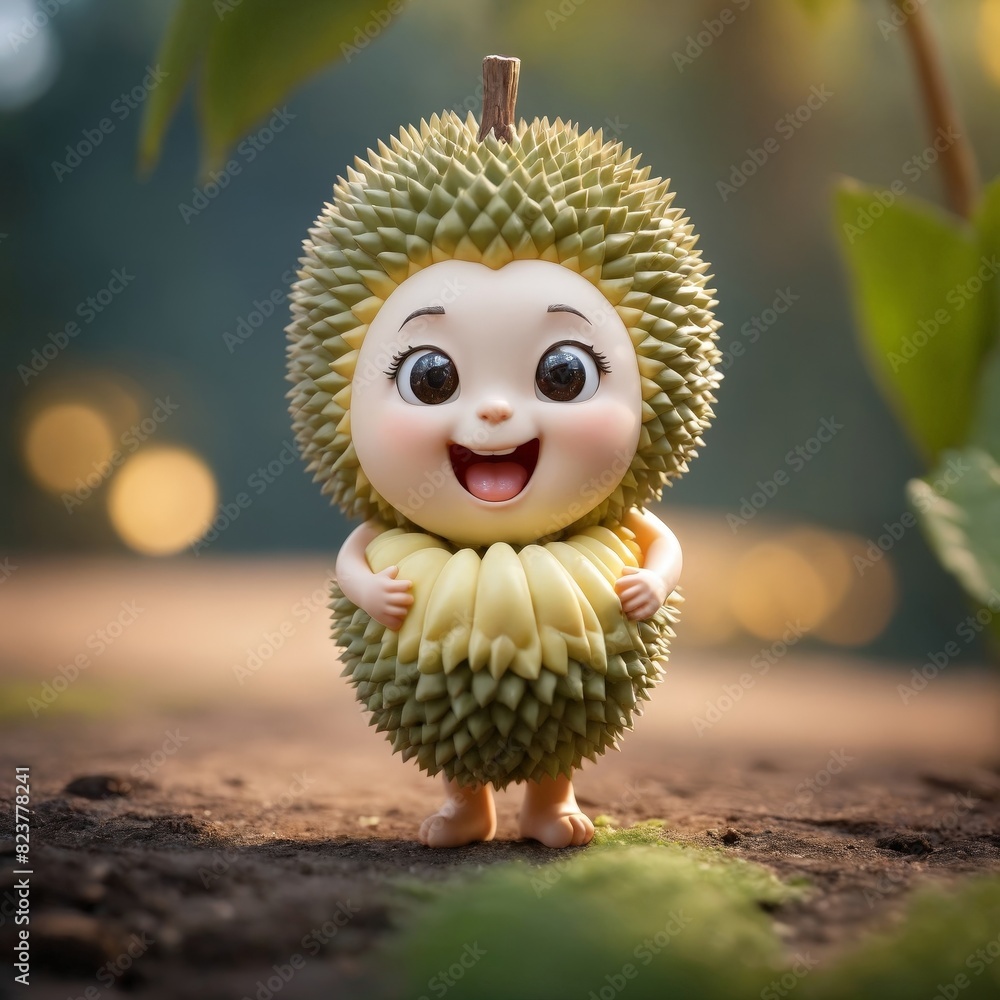 Happy animated durian with big eyes and a cute expression, standing on ...