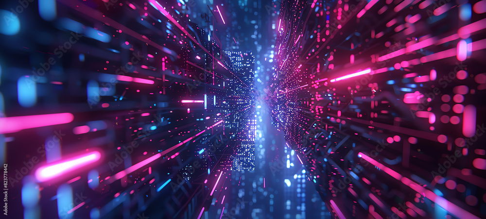 Craft a rear view abstract piece featuring intertwining neon lights ...