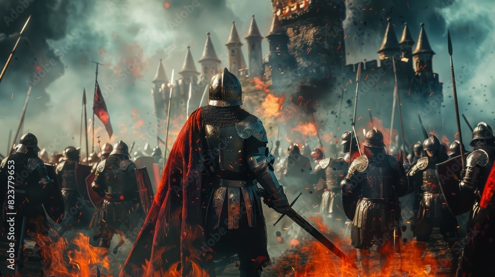 Medieval knights warriors, battle for castle, fight. Storming city ...
