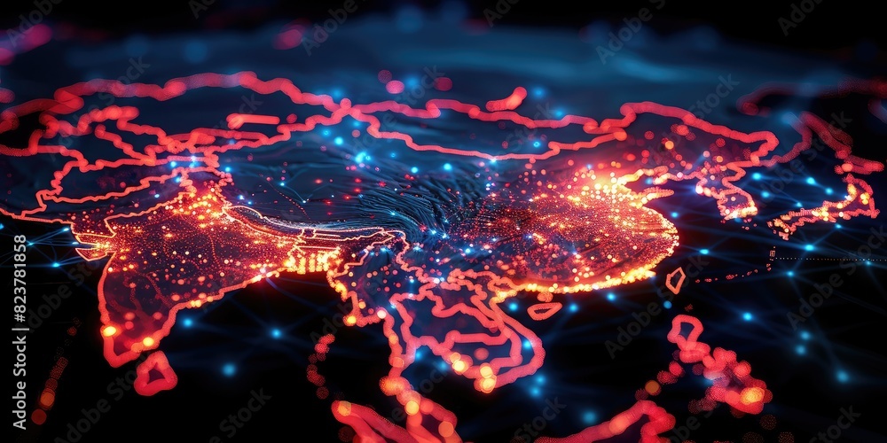 Asia map. Glowing Asia map. Asia map with glowing dots. Glowing dots ...