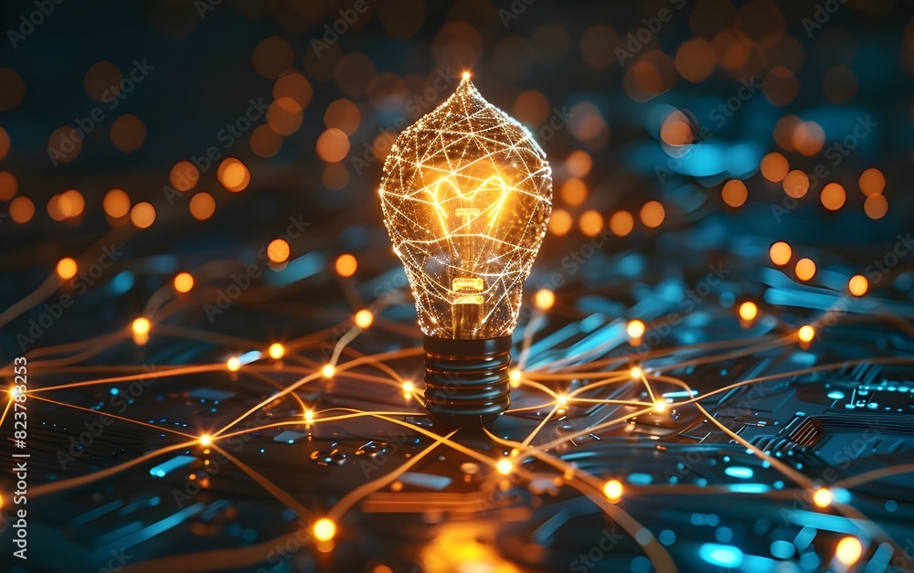 Innovation in the digital world. 3D Rendering. Light bulb shines ...