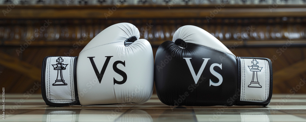 Sleek white and deep black boxing gloves with a chess theme, with "VS ...