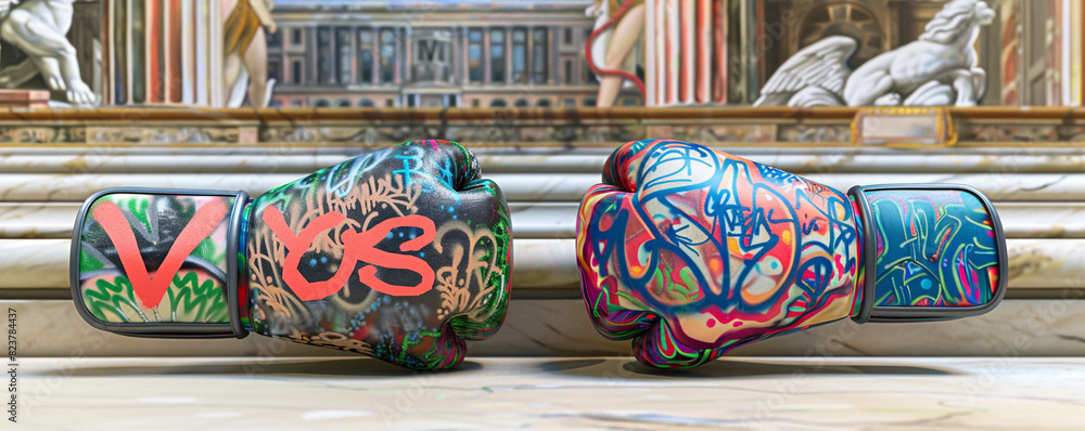 Two boxing gloves, one with a graffiti style and the other with a ...