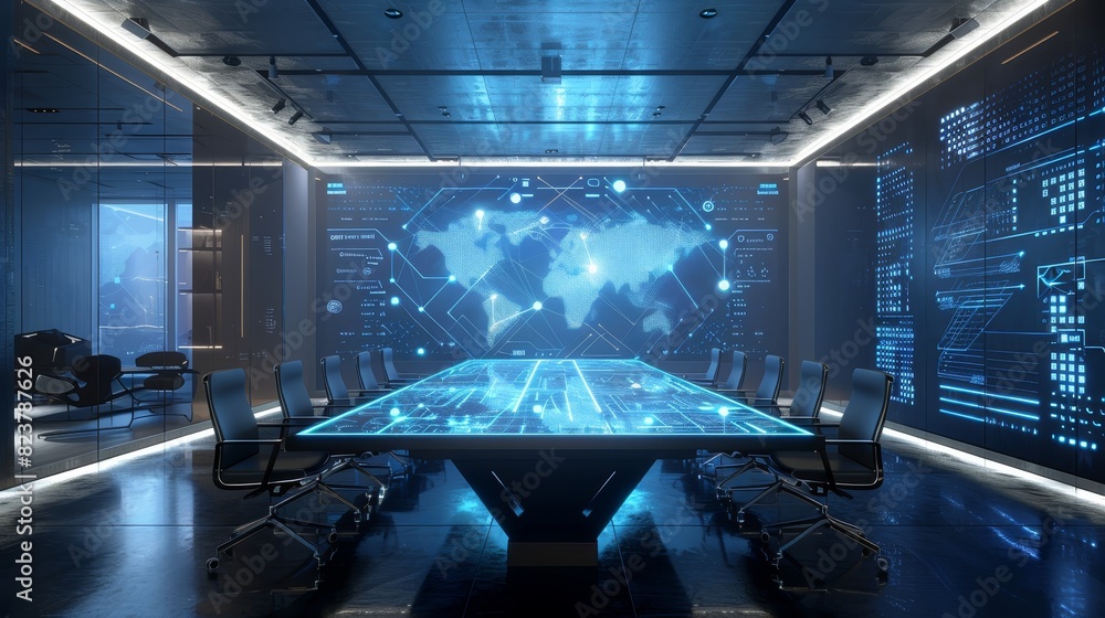 Futuristic conference room with digital screens and a holographic world ...