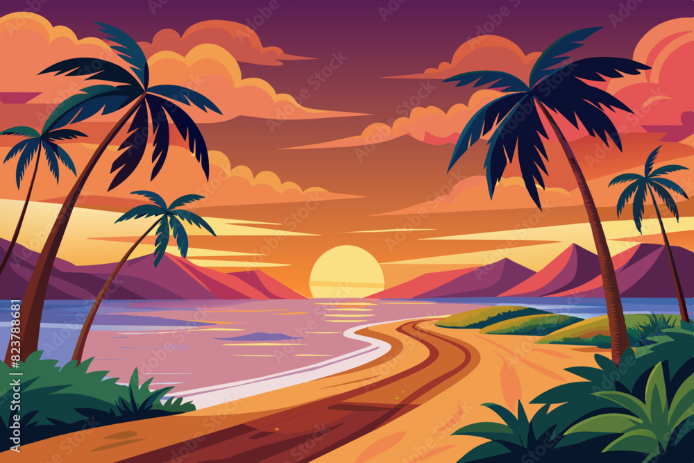 Sea Beach Sunset with Palm Tree Vector Design,sea beach, sunset vector ...