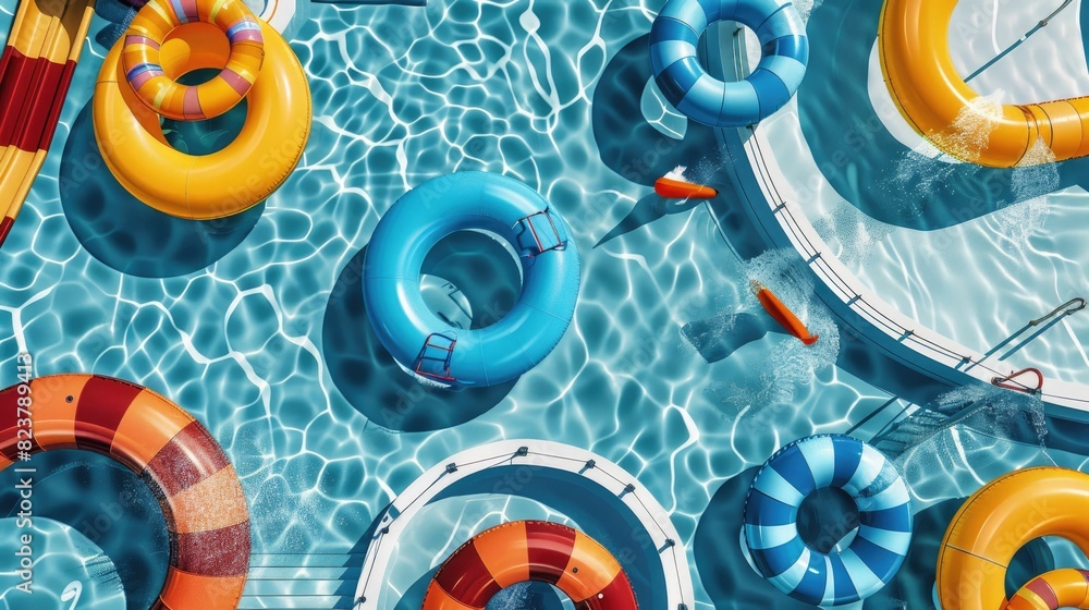 Floating tube flat design top view water park theme cartoon drawing ...