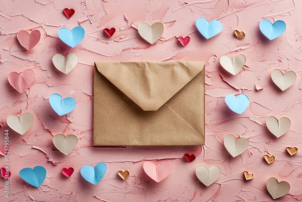 Love letter envelope surrounded by paper craft hearts, laid flat on a ...