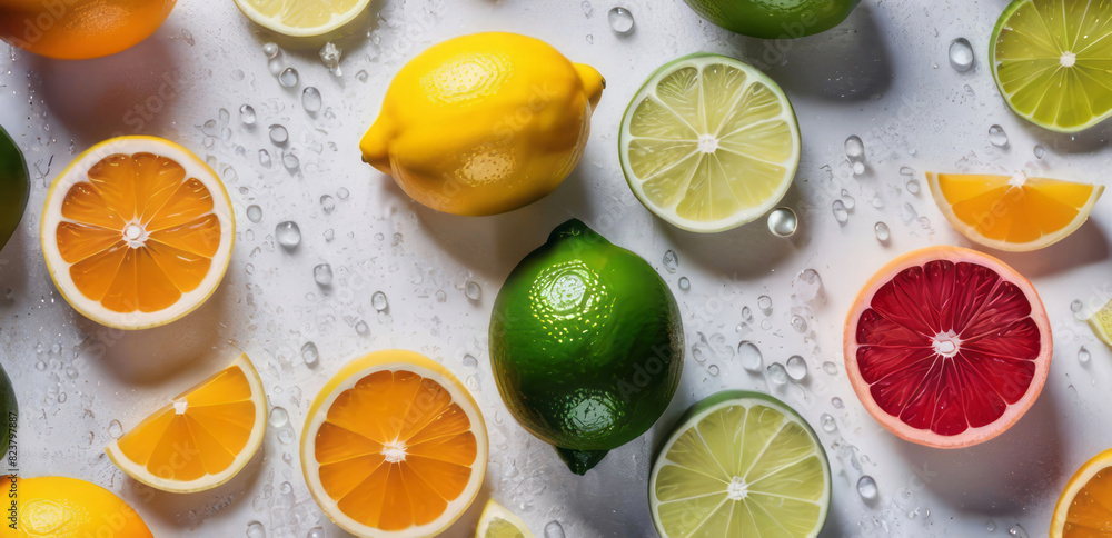 Fresh juicy lemon, lime, orange, grapefruit slices in water splashes on ...