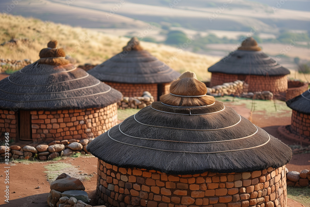Round African rondavel huts with straw thatch roof in beautiful ...