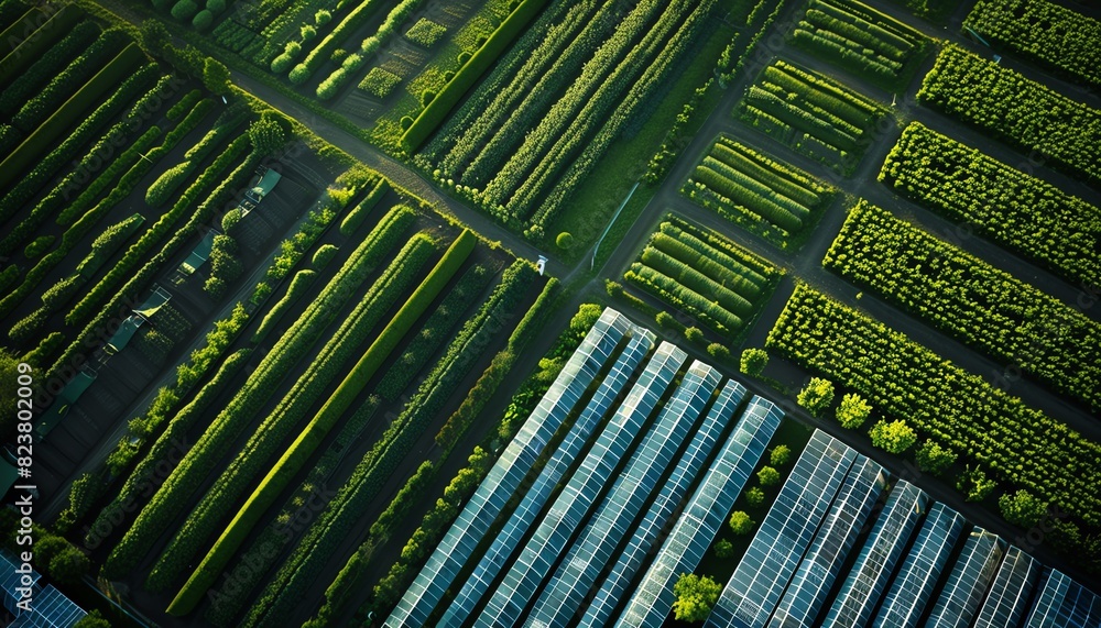 An aerial view of a largescale food production facility, with rows of ...