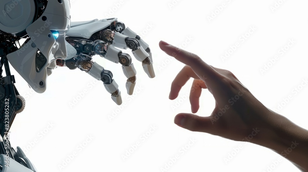 Robot and human hand touching their index finger, gesture isolated on ...