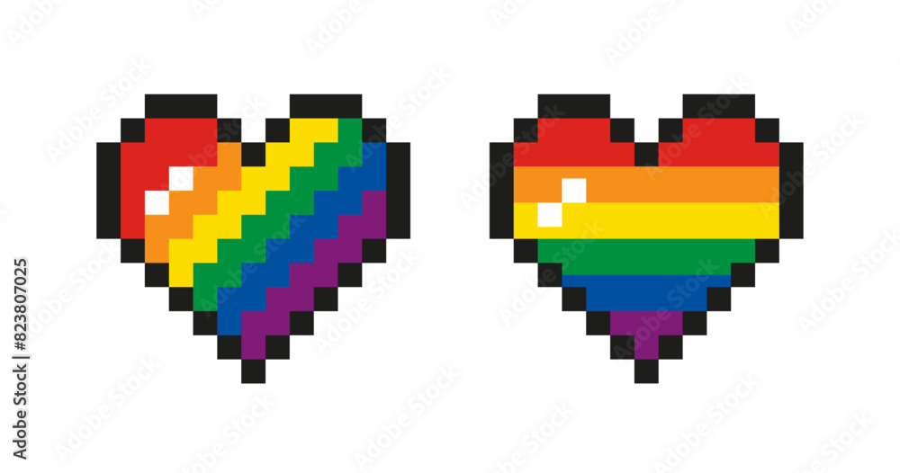 Vector rainbow 8 bit pixel art style heart. LGBT community symbol ...