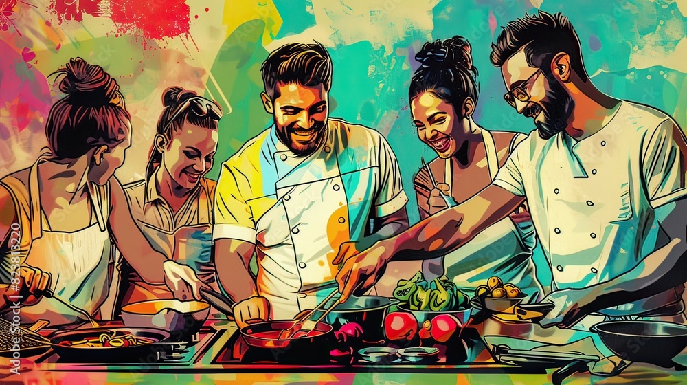 Master chef demonstrating cooking techniques, group of friends engaged ...