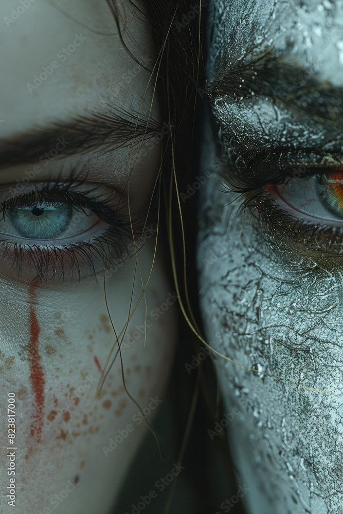 Artistic rendering of two faces, one with eyes bleeding and the other ...