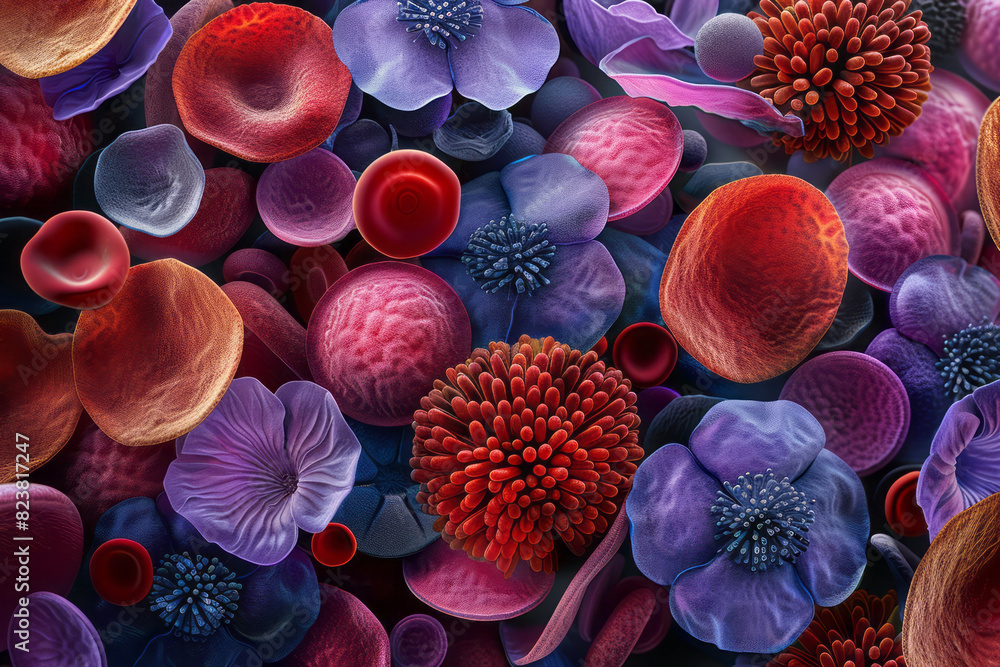 Illustration of blood cells and milk proteins under a microscope ...