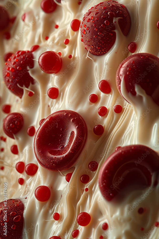 Depiction of red blood cells flowing alongside milk fat globules under ...