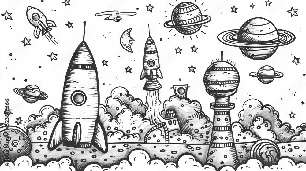 The image shows a black and white cartoon drawing of rockets launching ...